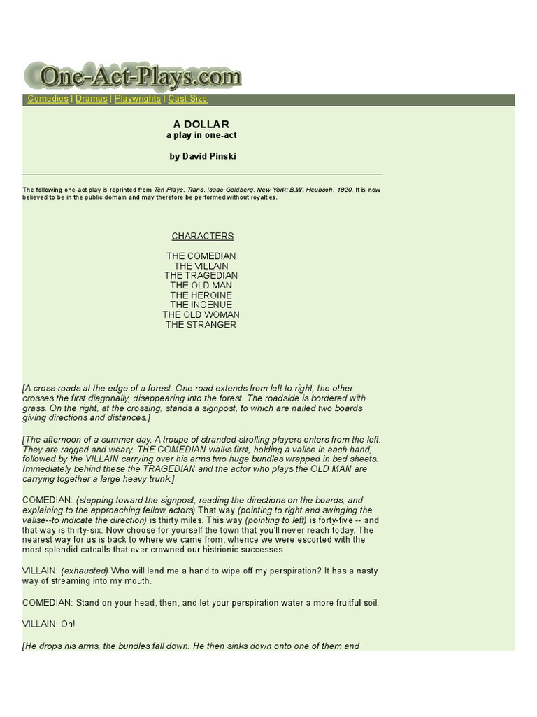 A Dollar: A Play in One-Act by David Pinski | PDF