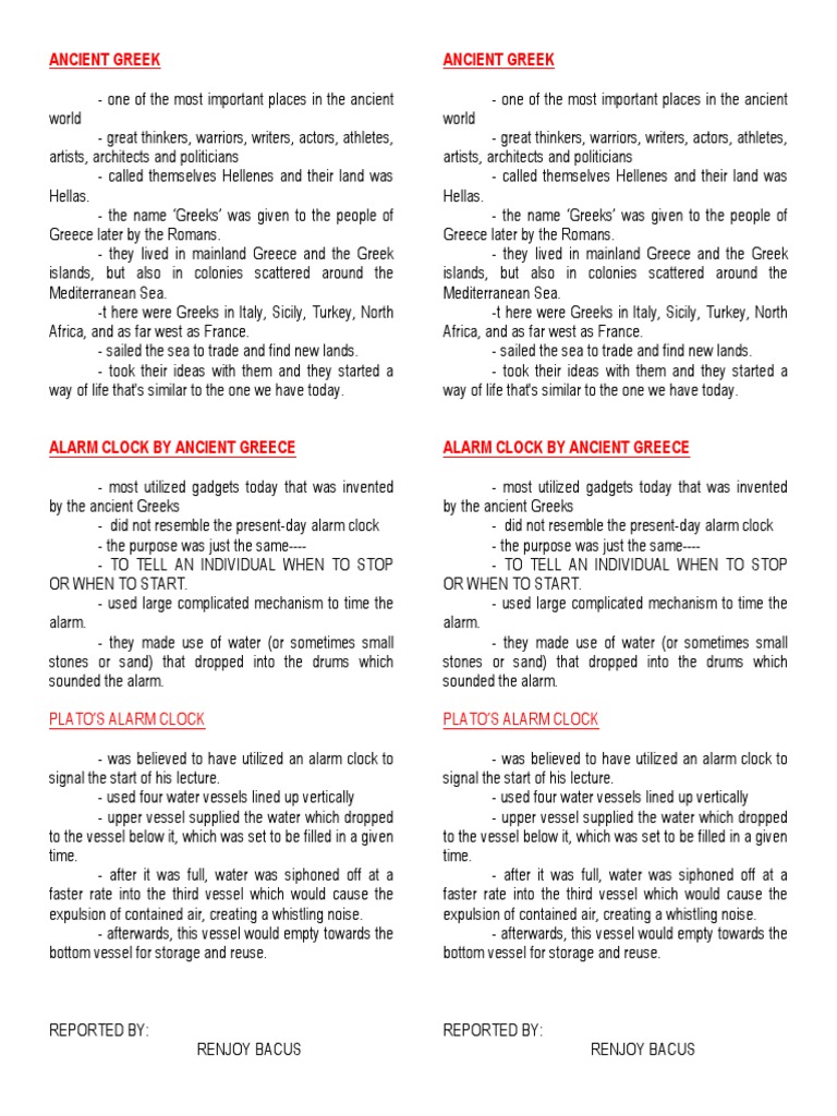 Ancient Greek Alarm Clock Fact Sheets | PDF | Ancient Greece | Clock
