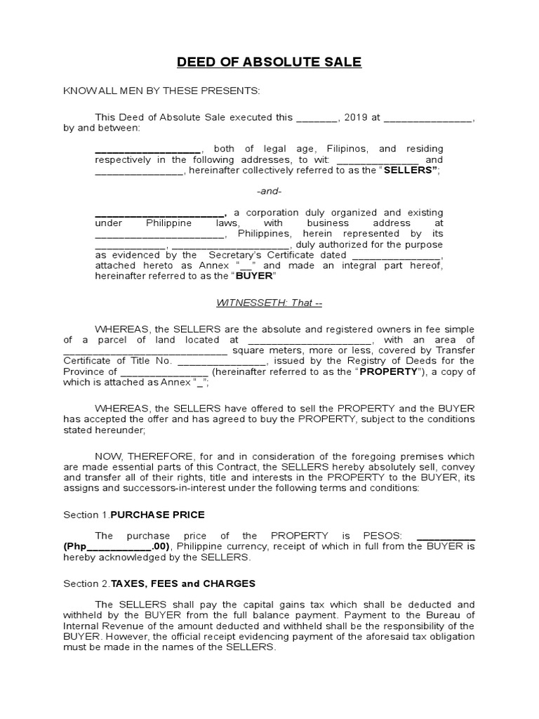 Deed of Absolute Sale: - , Both of Legal Age, Filipinos, and Residing ...