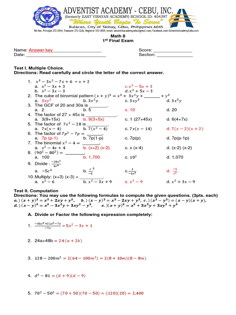 1st Final Math 8 Answer Key | PDF | Tests | Teaching Mathematics