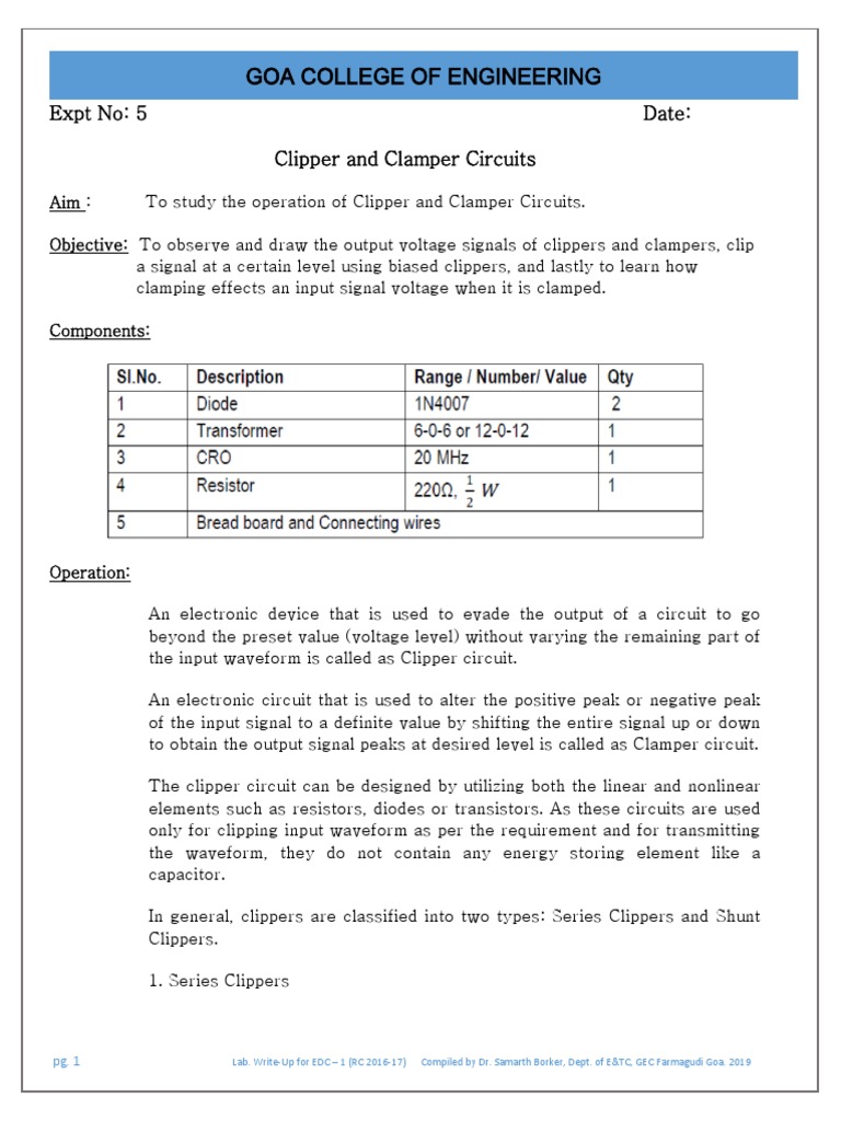 Expt 5 Clipper and Clamper Circuits | PDF | Electrical Equipment ...