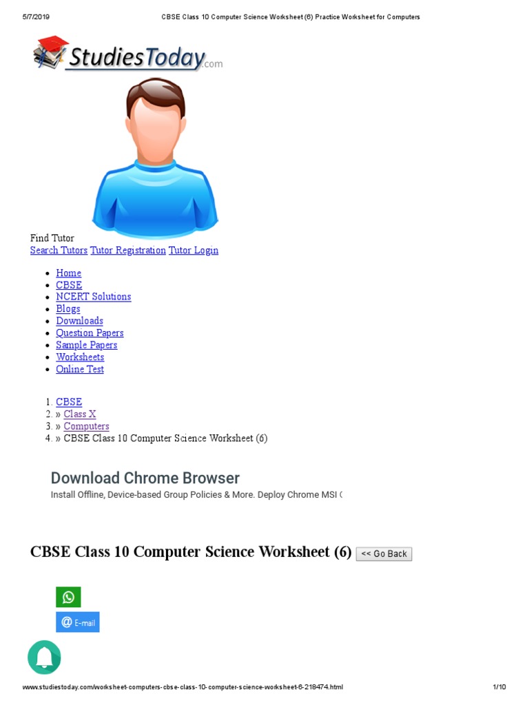 CBSE Class 10 Computer Science Worksheet (6) Practice Worksheet For ...