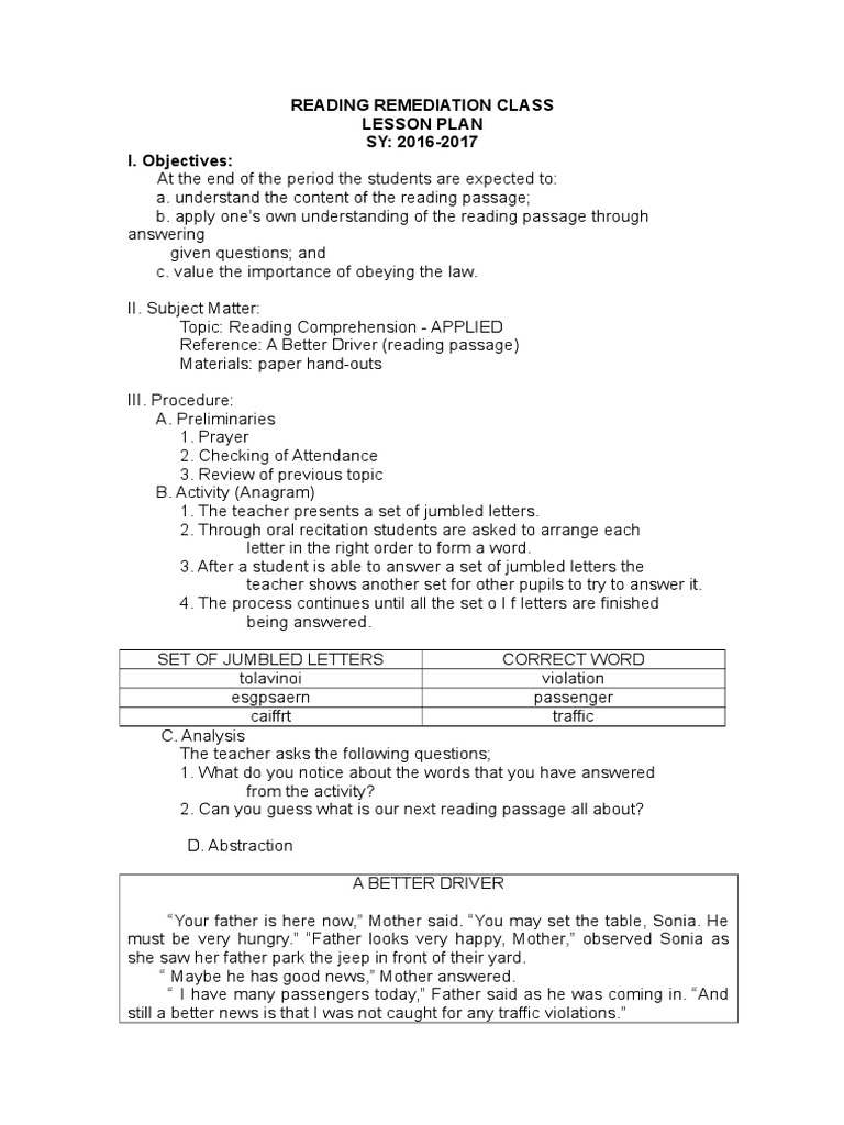 Reading Remediation Class Lesson Plan SY: 2016-2017 I. Objectives | PDF ...