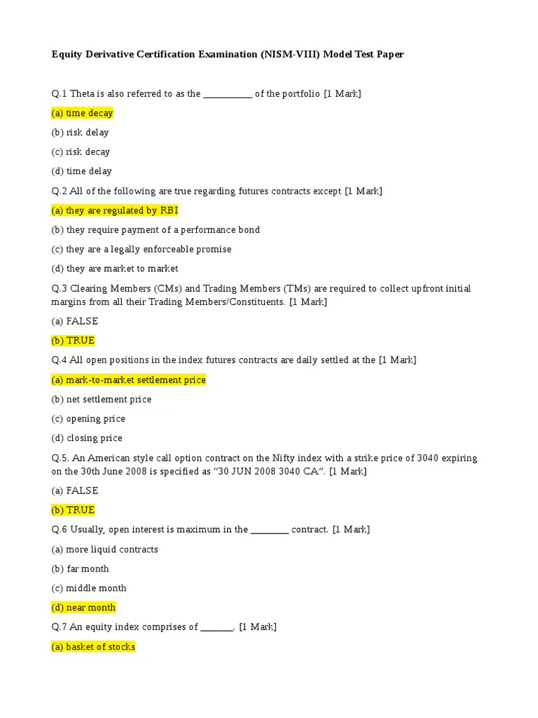 Equity Derivative Certification Examination (NISM-VIII) Model Test ...