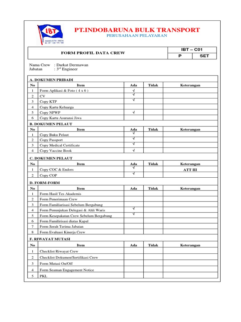 IBT - C01 (FORM PROFIL DATA CREW) Rev 1 PDF | PDF