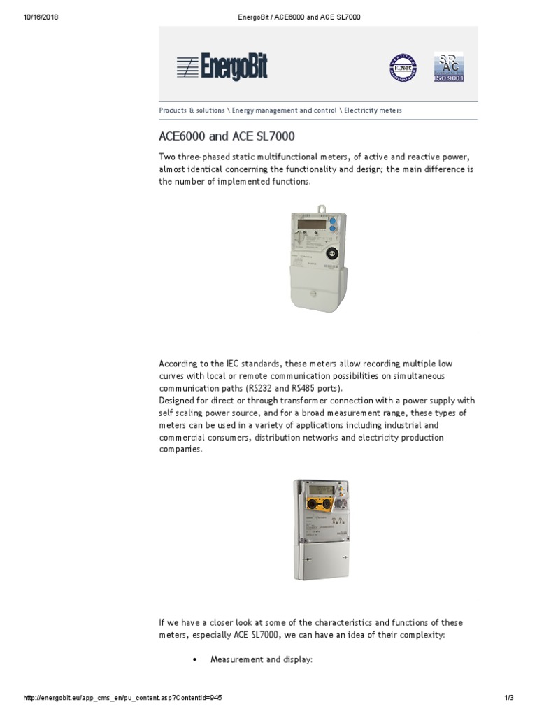 Compare ACE6000 and ACE SL7000 Electricity Meters | PDF | Power Supply ...