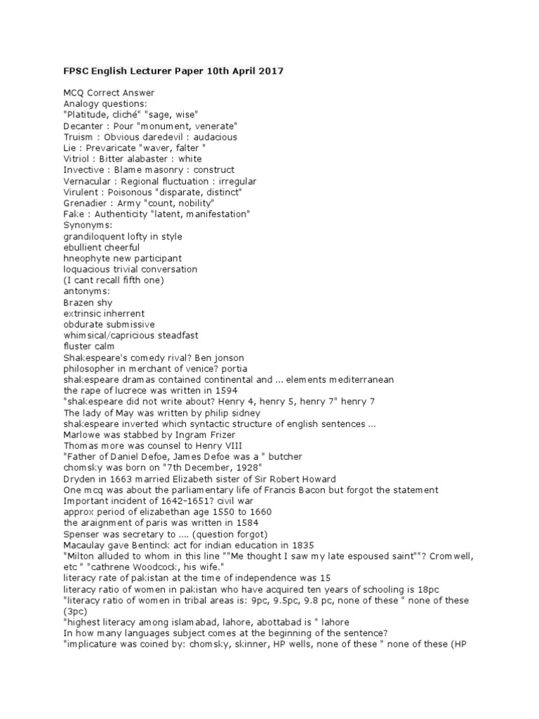 FPSC English Lecturer Paper 10th April 2017 | PDF | Syllable | Linguistics