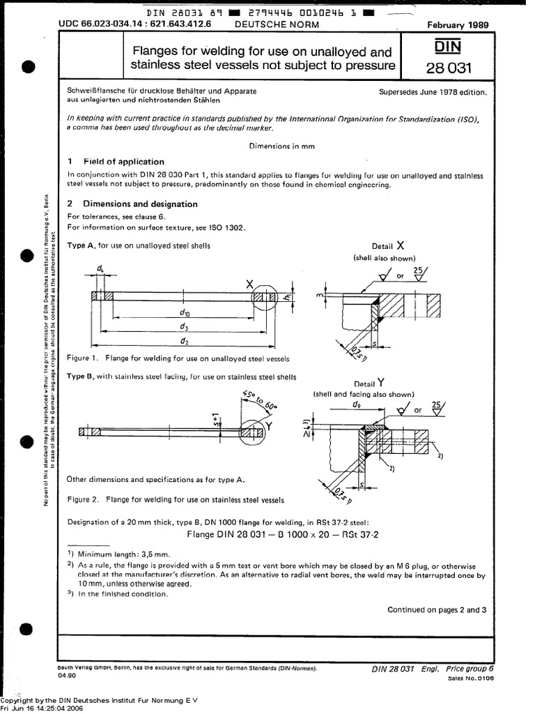 Flange For Not Subject To Pressure Vessel DIN 28034 | PDF | Home ...