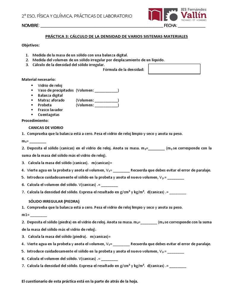 Cálculo de Densidad en Laboratorio | PDF | Densidad | Masa