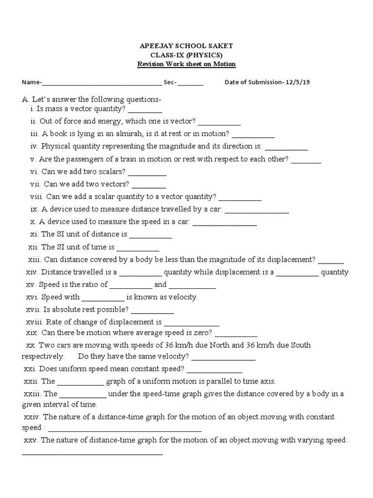 Revision Worksheet On Motion | PDF | Speed | Velocity