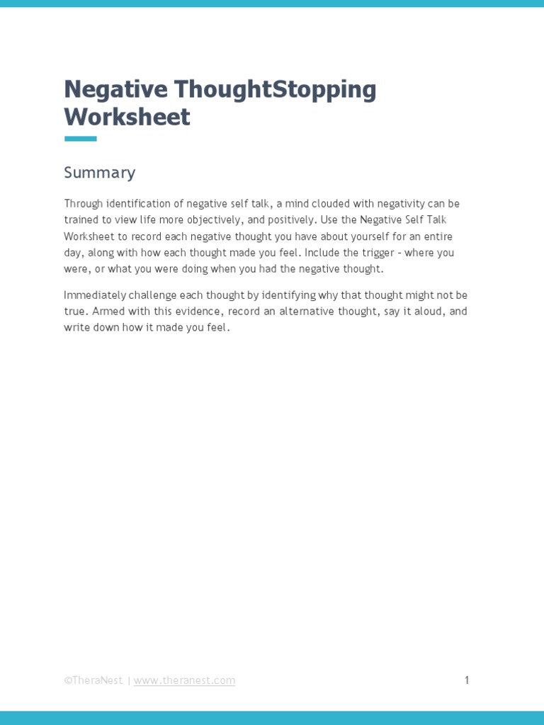 Negative Self Talk Worksheet Negative Thinking To Positive Thinking