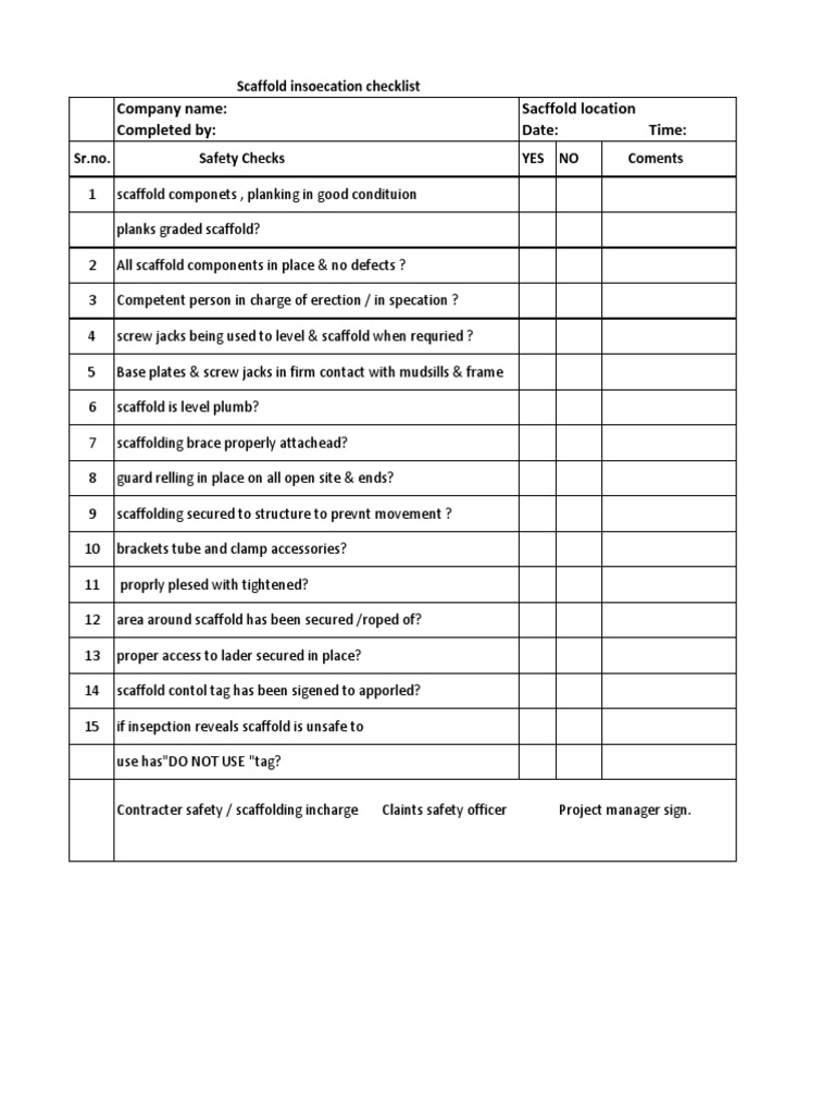 Scaffold Inspection Checklist Template | PDF | Technology & Engineering