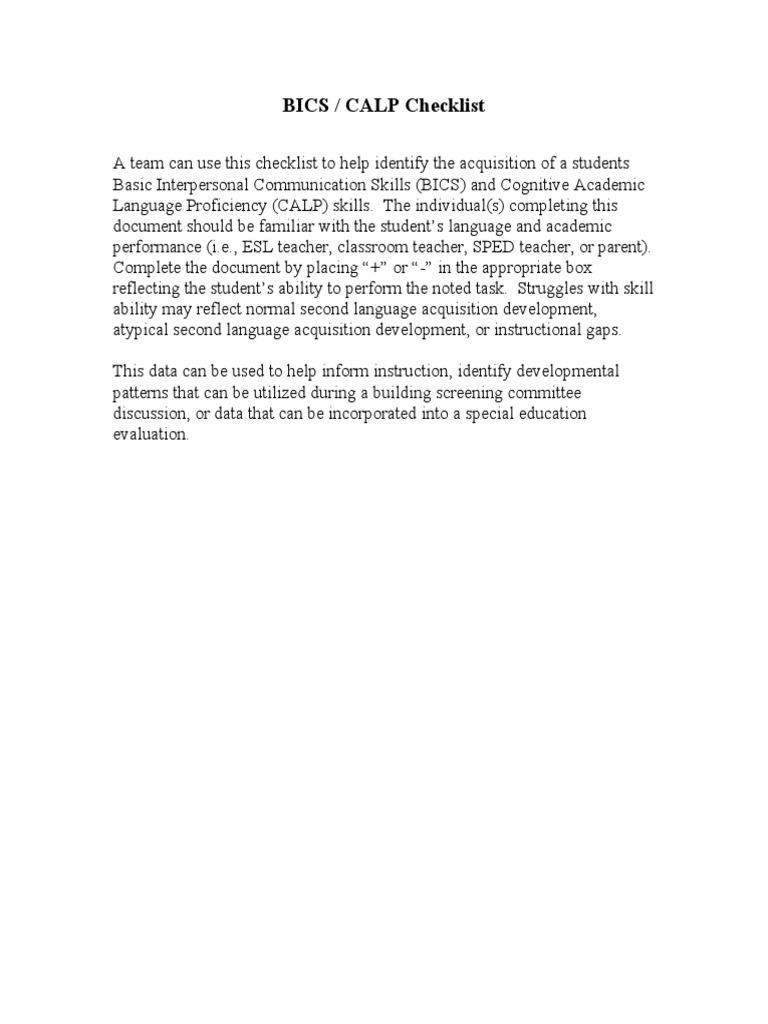 Language Skills Checklist for Educators | PDF | English As A Second Or ...