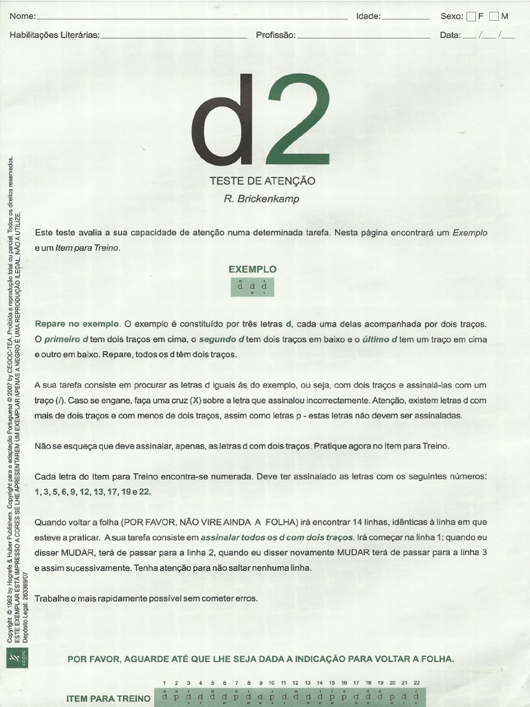 D2 - Teste de Atenção - Folha de Respostas e Cotação PDF | PDF