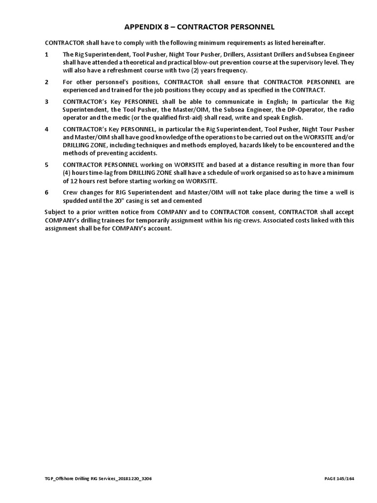 Appendix 8 - Contractor Personnel: TGP - Offshore Drilling RIG Services ...