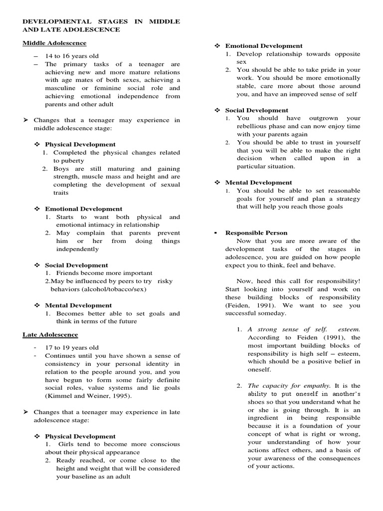 Developmental Stages In Middle And Late Adolescence Pdf Adolescence