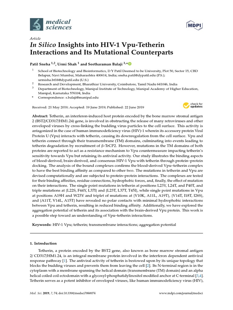 Medical Sciences: in Silico Insights Into HIV-1 Vpu-Tetherin ...