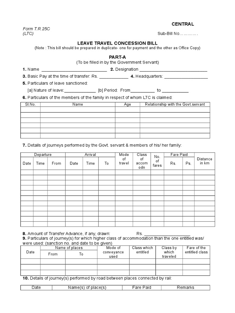 Claim Form for Reimbursement of Travel Expenses under the Leave Travel ...