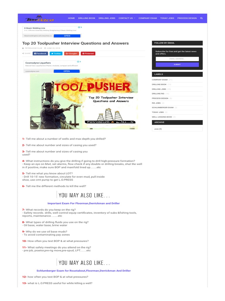 Top 20 Toolpusher Interview Questions - HTML | PDF | Drilling Rig ...
