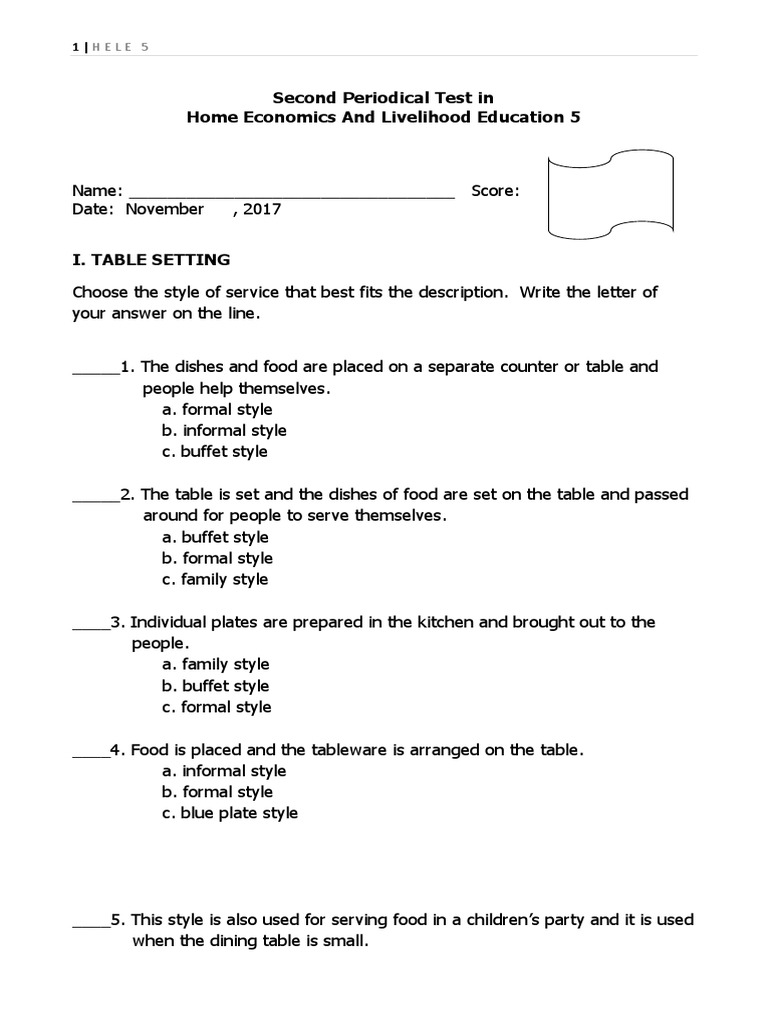 2nd Periodical Test: HELE Grade 5 | PDF | Tableware | Etiquette