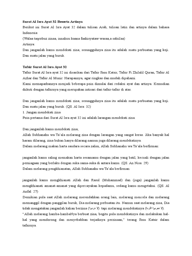 Surat Al Isra Ayat 32 Beserta Artinya | PDF