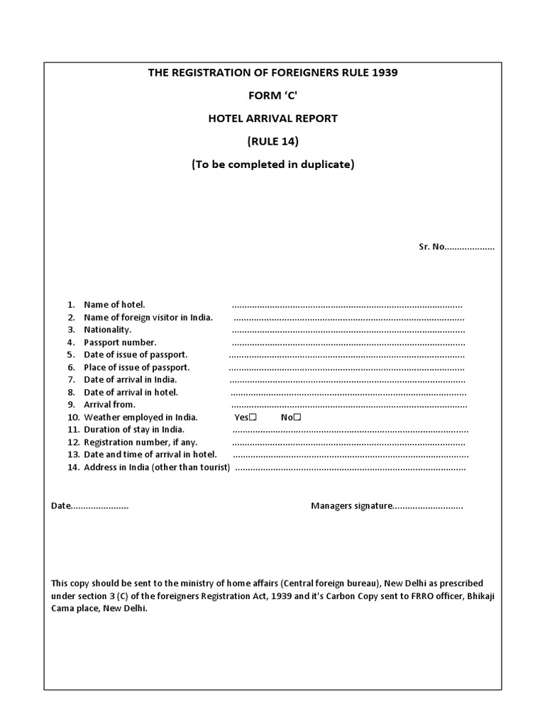The Registration of Foreigners Rule 1939 Form C' Hotel Arrival Report (RULE 14) (To Be Completed ...