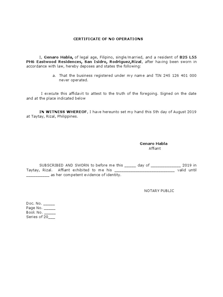 Certificate of No Operations | PDF