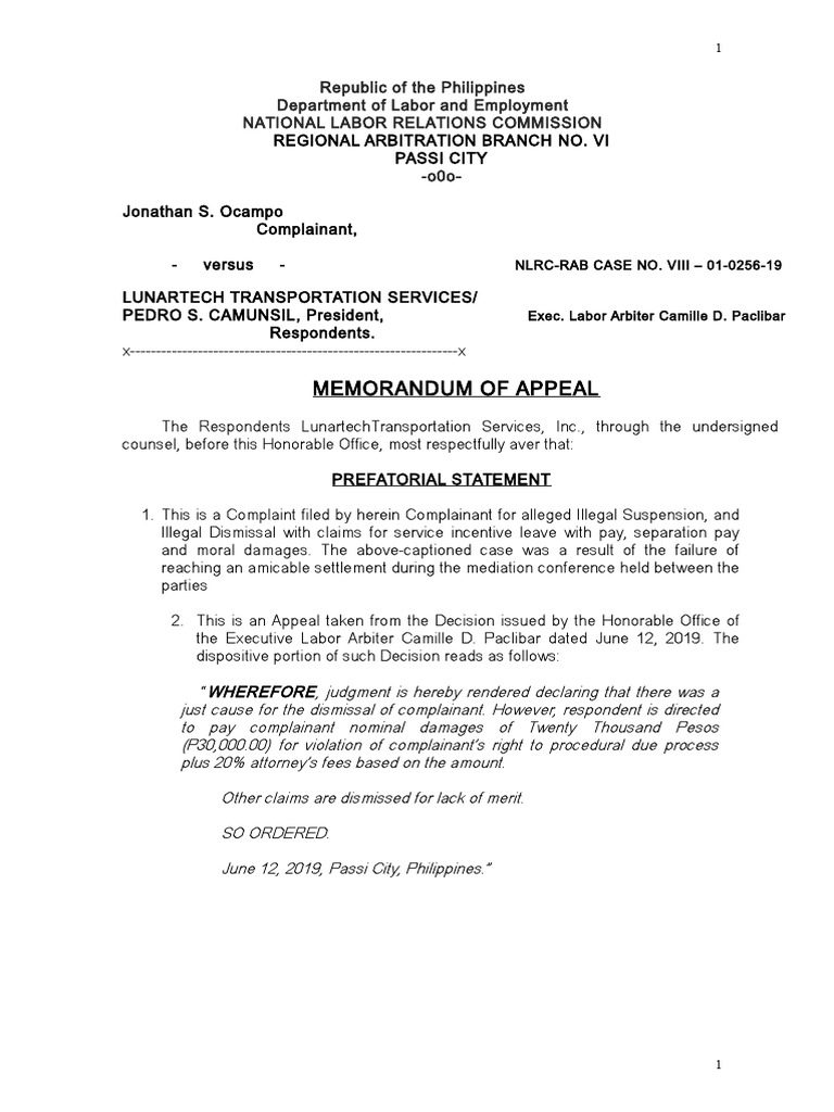 Memorandum of Appeal: Republic of The Philippines Department of Labor ...