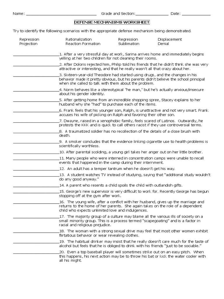 Defense Mechanisms Worksheet | PDF | Defence Mechanisms | Marriage