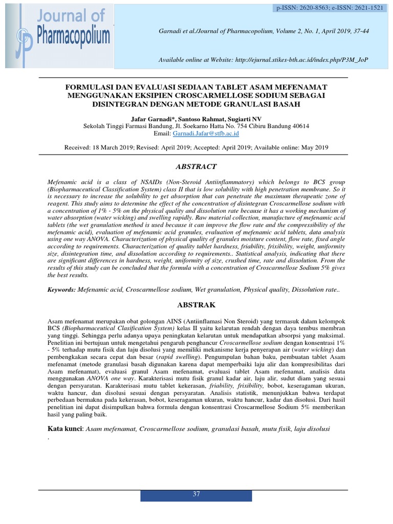 Formulasi Dan Evaluasi Sediaan Tablet Asam Mefenamat Menggunakan ...