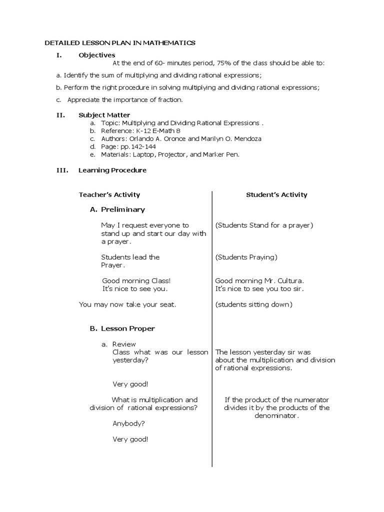 Detailed Lesson Plan in Multipying and Dividing Rational Expression ...