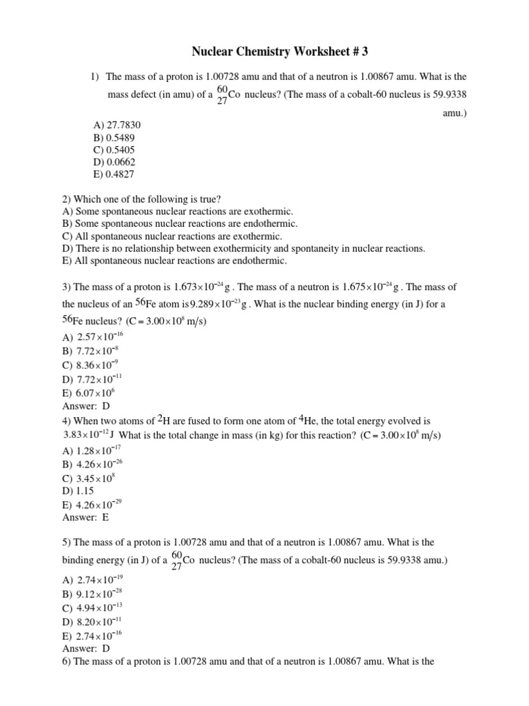 Nuclear Chemistry Exercises | PDF | Nuclear Reaction | Atomic Mass Unit
