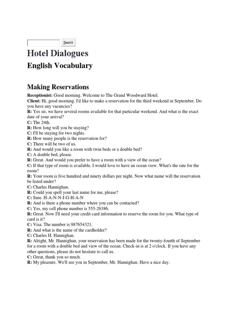 Making Hotel Reservations and Checking In and Out: A Dialogue Between a Receptionist and Guest ...