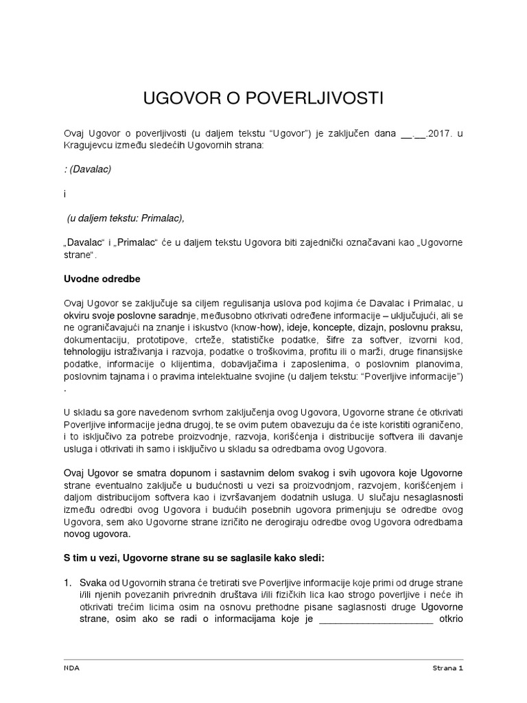 Ugovor o Poverljivosti | PDF