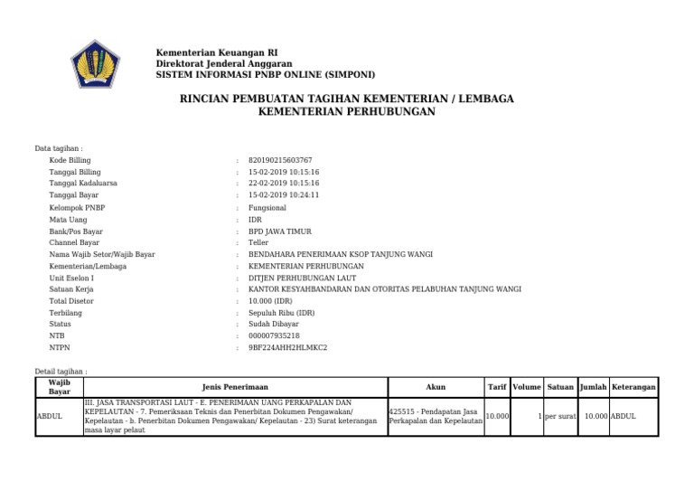 Contoh Kode Billing | PDF