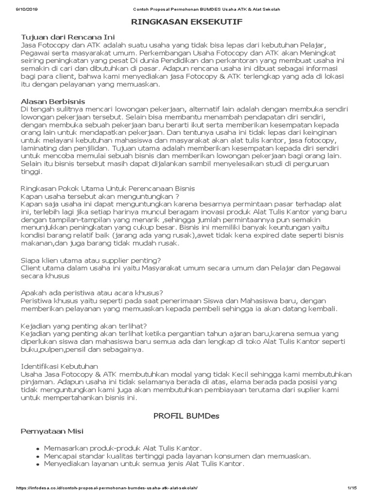Contoh Proposal Permohonan BUMDES Usaha ATK & Alat Sekolah | PDF