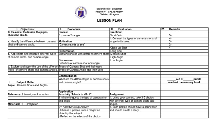 Camera Shots and Angles Lesson Plan | PDF | Camera | Lesson Plan