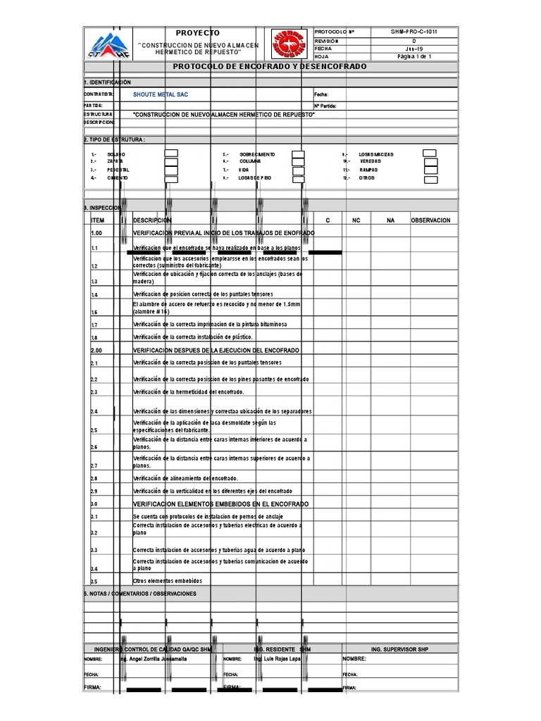 Protocolo SHM Pro C 1007 Encofrado | PDF | Ingeniería de Edificación | Materiales de construcción