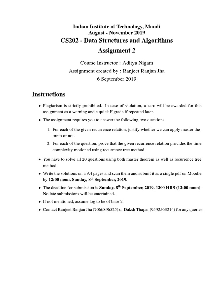 CS202 - Data Structures and Algorithms Assignment 2: Indian Institute of Technology, Mandi ...