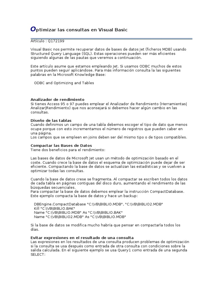 Optimizar Las Consultas en Visual Basic | PDF | Tabla (base de datos) | Bases de datos