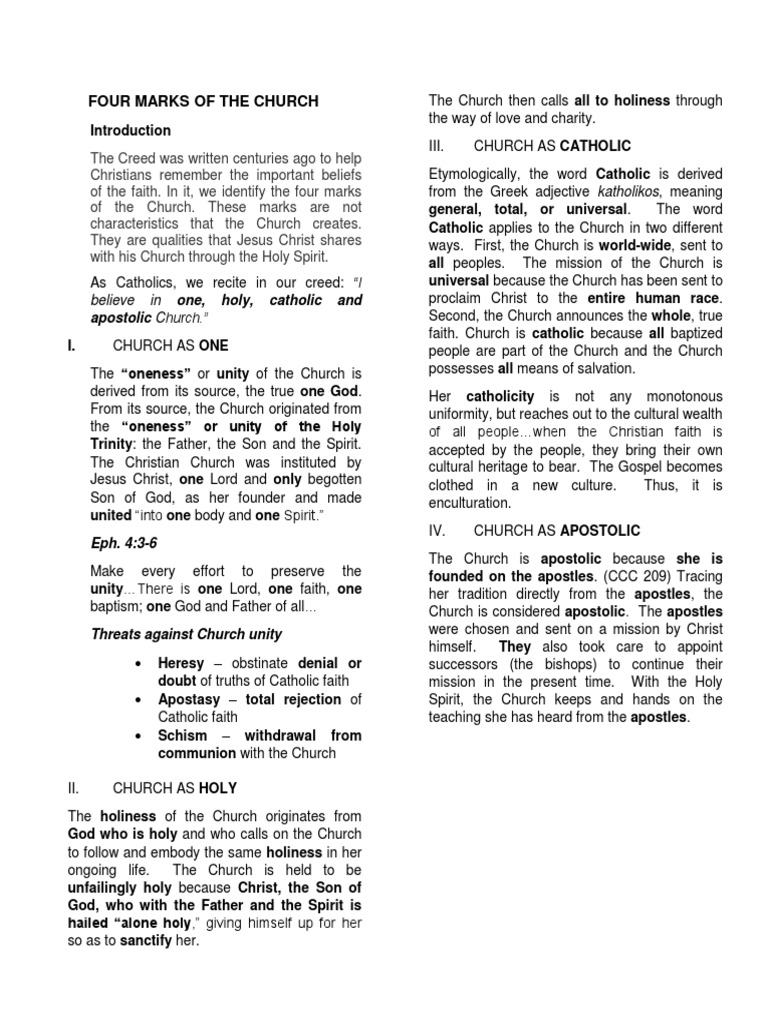 Four Marks of The Church | PDF | Oneness Pentecostalism | Catholic Church
