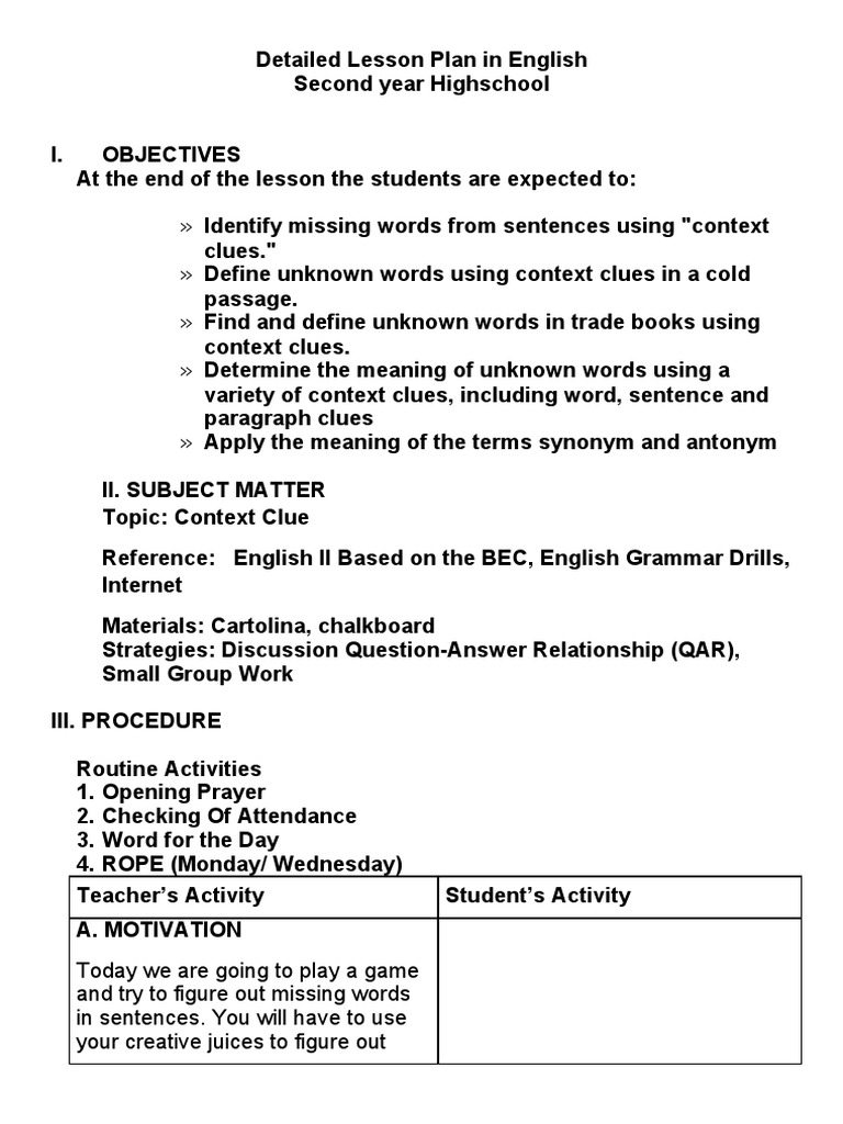 Detailed Lesson Plan in English Context Clues | PDF