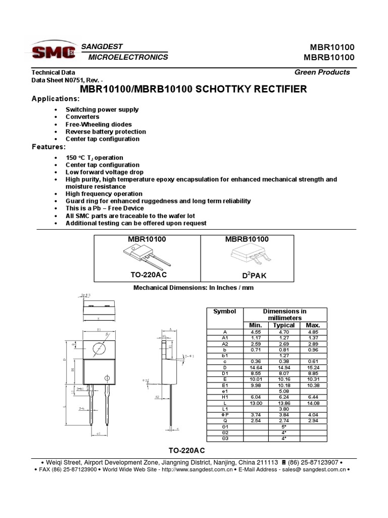 Data Sheet for Sangdest MBR10100 and MBRB10100 Schottky Rectifiers ...