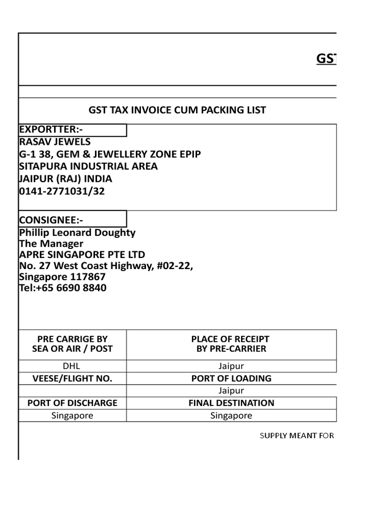 GST Export Invoice: DHL Jaipur Jaipur Singapore Singapore | PDF ...