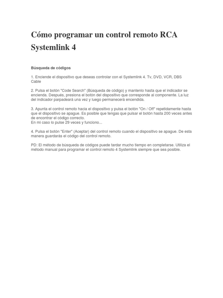 Cómo Programar Un Control Remoto RCA Systemlink 4 | PDF
