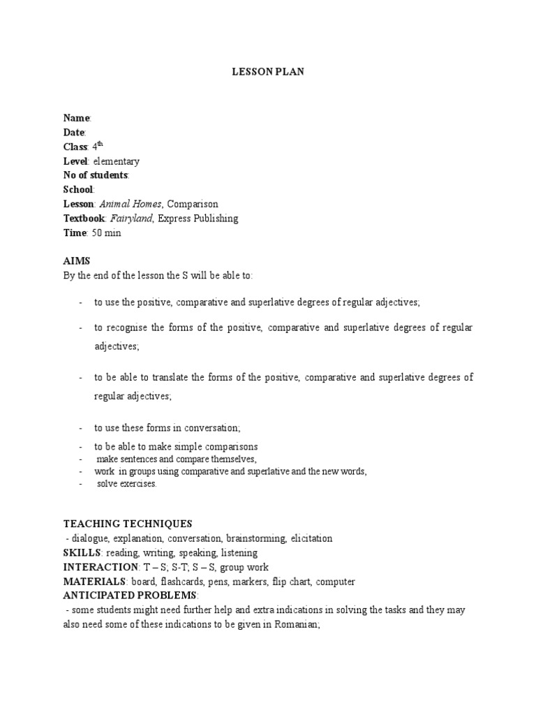 Lesson Plan - Animal Homes 4th Grade Fairyland | PDF | Homework | Adjective