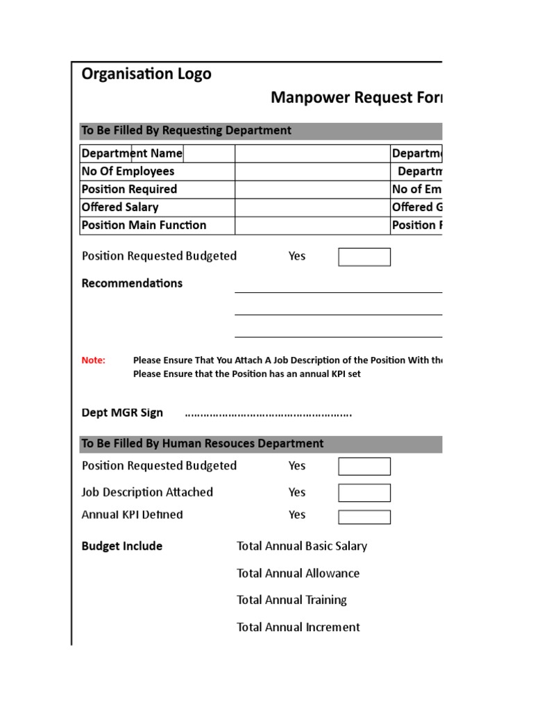 Organisation Logo Manpower Request Form: Position Requested Budgeted Yes | PDF