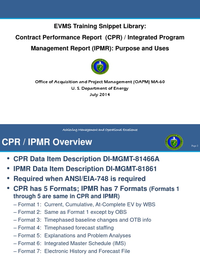 EVMS Training Snippet Library: Contract Performance Report (CPR ...