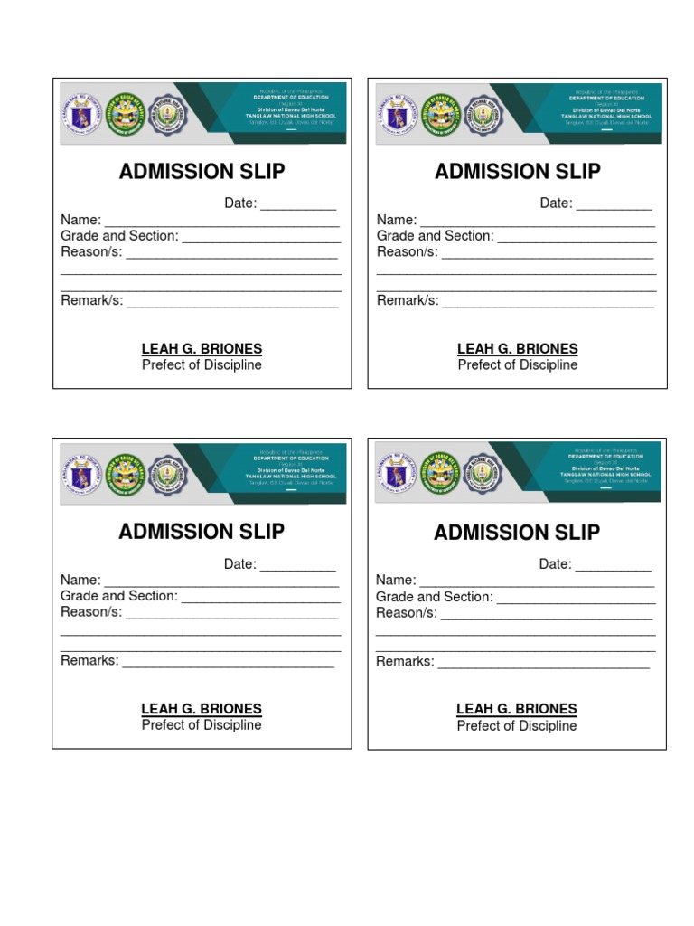 Admission Slip Template for Schools | PDF | Career & Growth