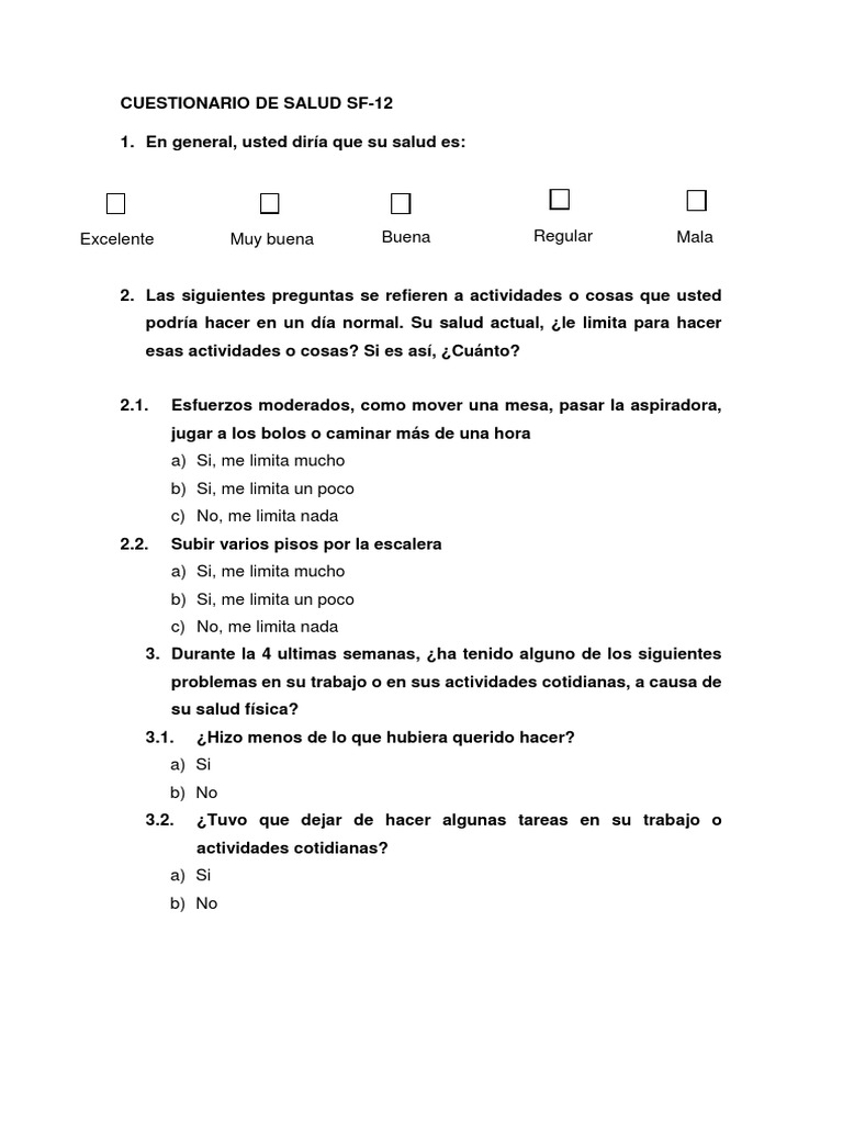 Cuestionario de Salud SF 12 | PDF